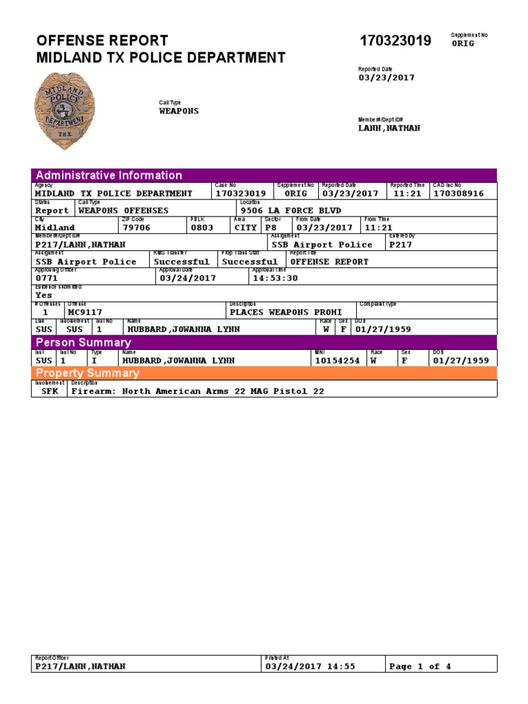 Offense Report 170323019 Midland TX Police Department: Administrative ...