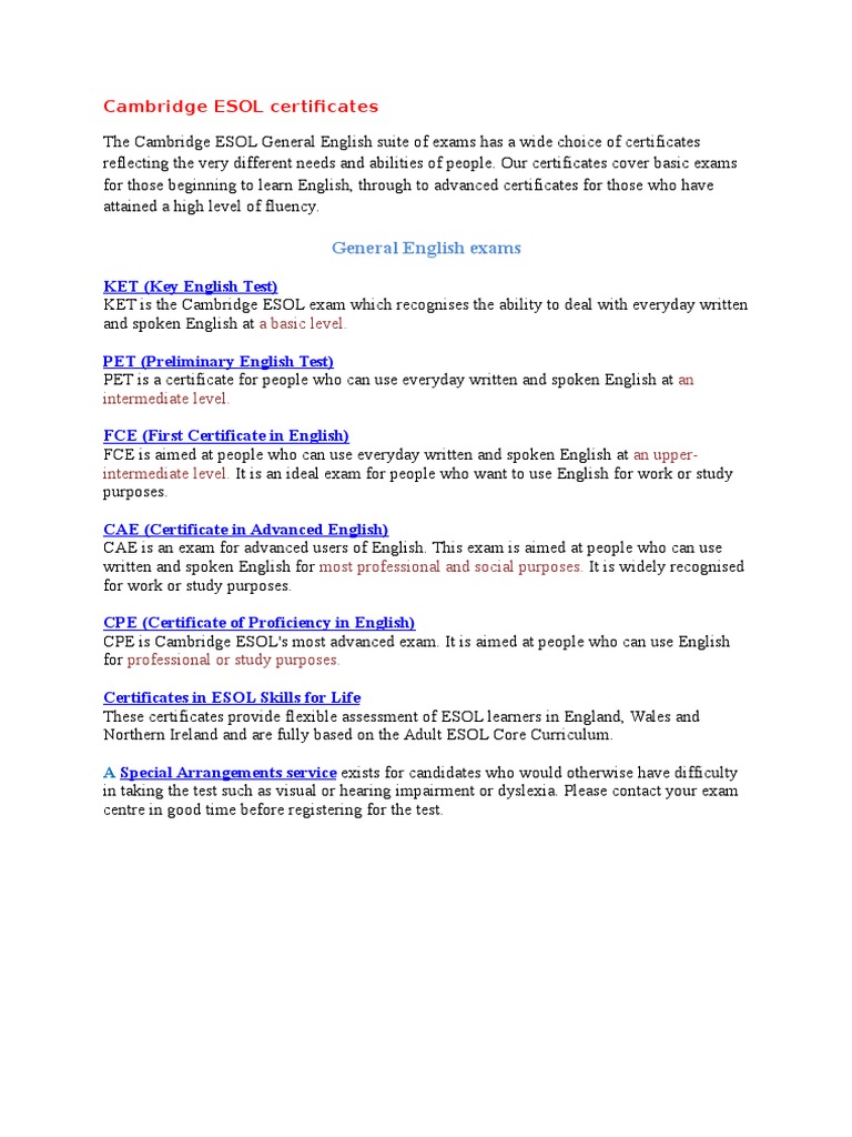 Cambridge ESOL Certificates | PDF