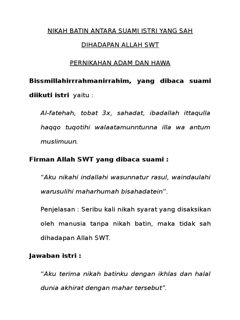 Nikah Batin Antara Suami Istri Yang Sah Dihadapan Allah SWT | PDF ...