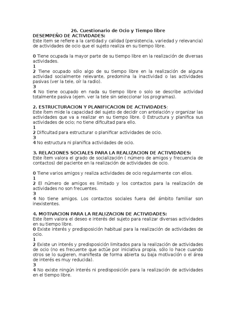 Cuestionario de Ocio y Tiempo Libre | PDF | Ocio | Conceptos psicologicos