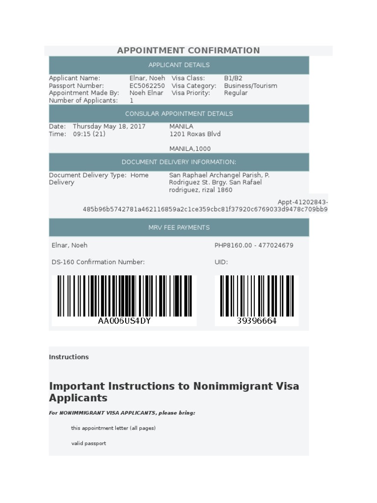 Appointment Confirmation: Important Instructions To Nonimmigrant Visa ...