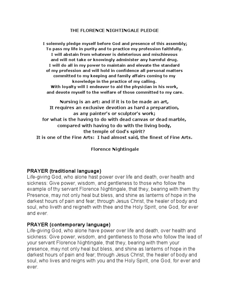 Florence Nightingale Pledge and Prayer | PDF | Faith Healing | Florence ...