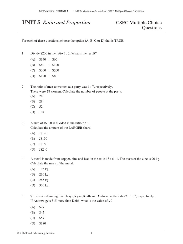 UNIT 5 Ratio and Proportion: CSEC Multiple Choice Questions