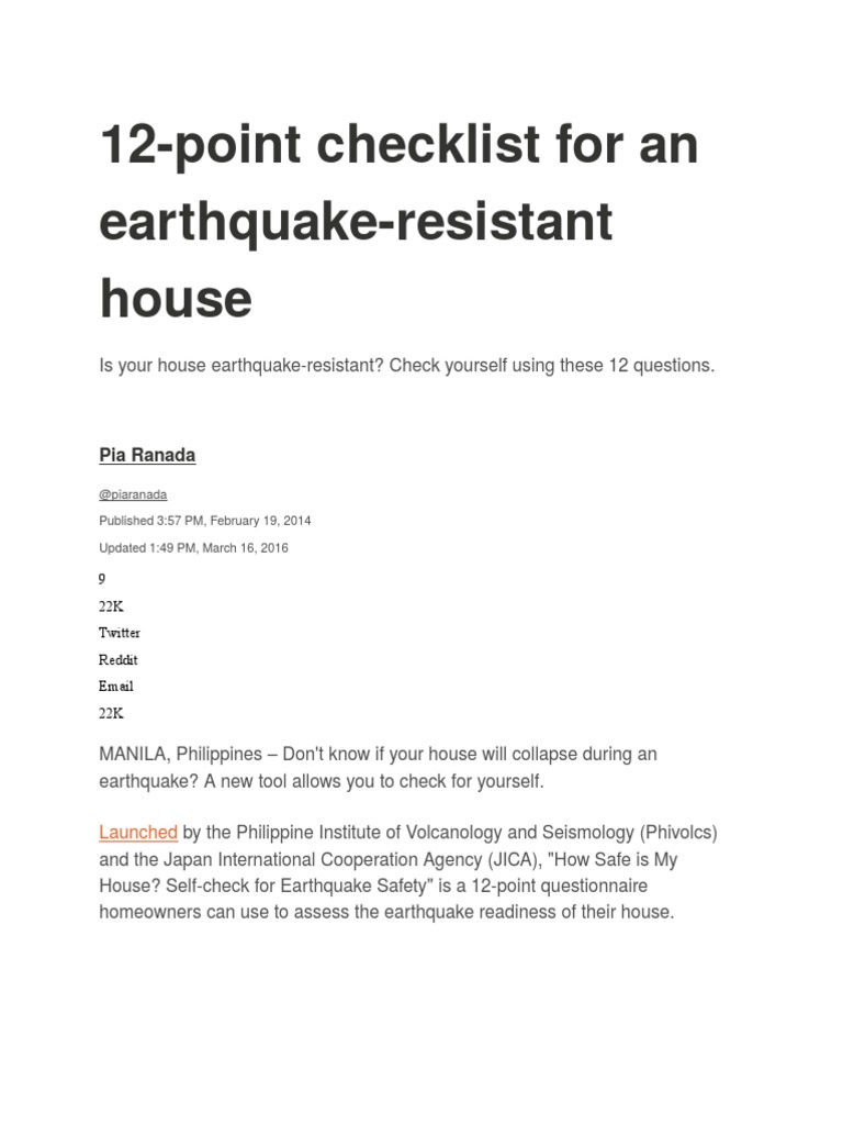 12-Point Checklist For An Earthquake-Resistant House: Pia Ranada | PDF ...