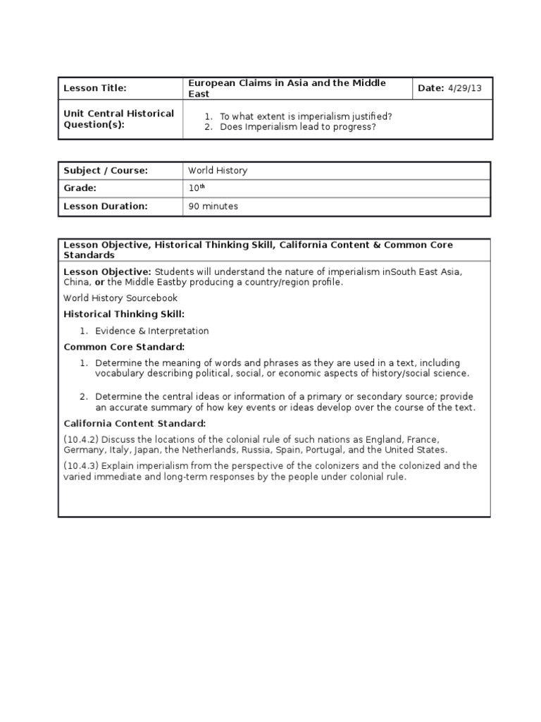 Edss 450 Lesson Plan 6 | PDF | Imperialism | British Empire