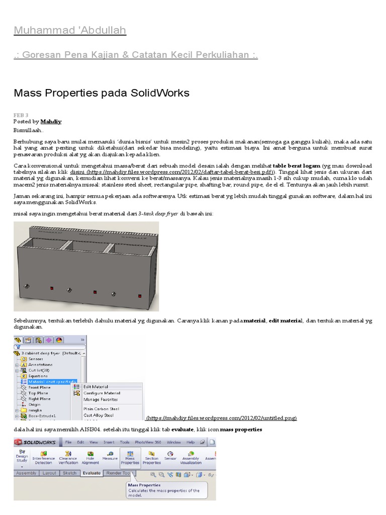 Mass Properties Pada SolidWorks | PDF