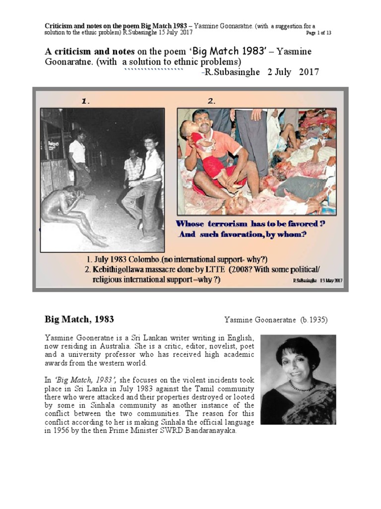 Big Match 1983 - Yasmine Goonaratne (A Criticism) | PDF | Sri Lanka