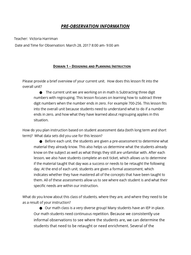 Pre-Observation Information: D 1 - D P I | PDF | Educational Assessment ...