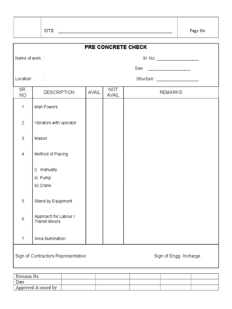 Pre-concrete checklist for structure construction | PDF