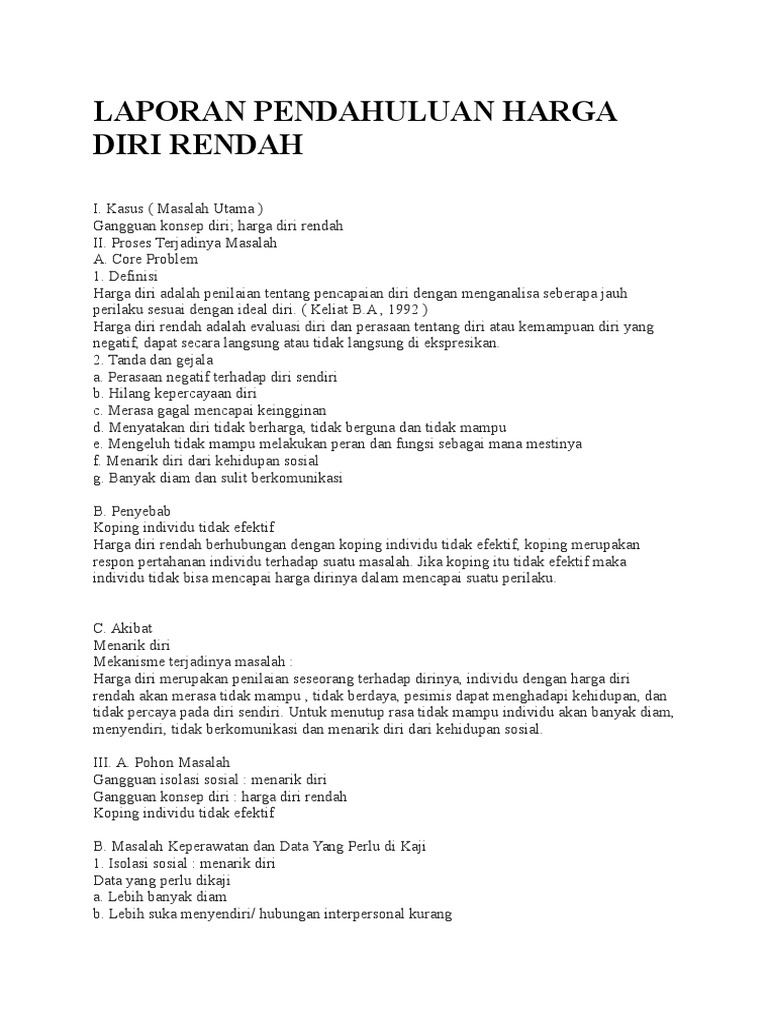 Laporan Pendahuluan Harga Diri Rendah | PDF
