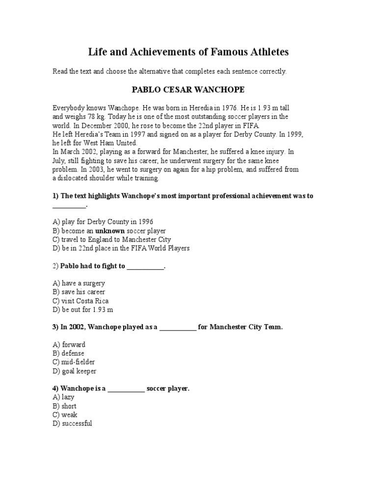 Life and Achievements of Famous Athletes-Worksheet | PDF