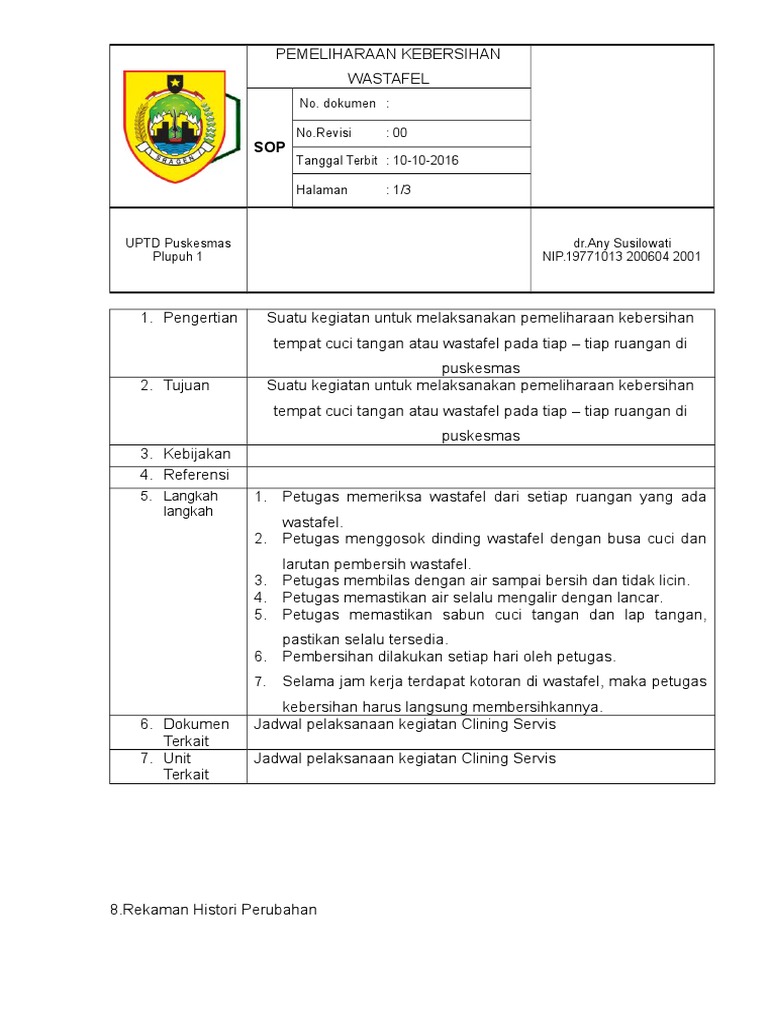 Sop 26 Pemeliharaan Kebersihan Wastafel | PDF | Griya & Taman | Kesehatan Holistik