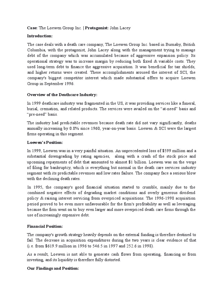 Loewen Group Case | PDF | Debt | Mergers And Acquisitions