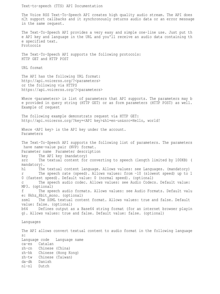Text-To-speech (TTS) API Documentation | PDF | Speech Synthesis | Hypertext Transfer Protocol