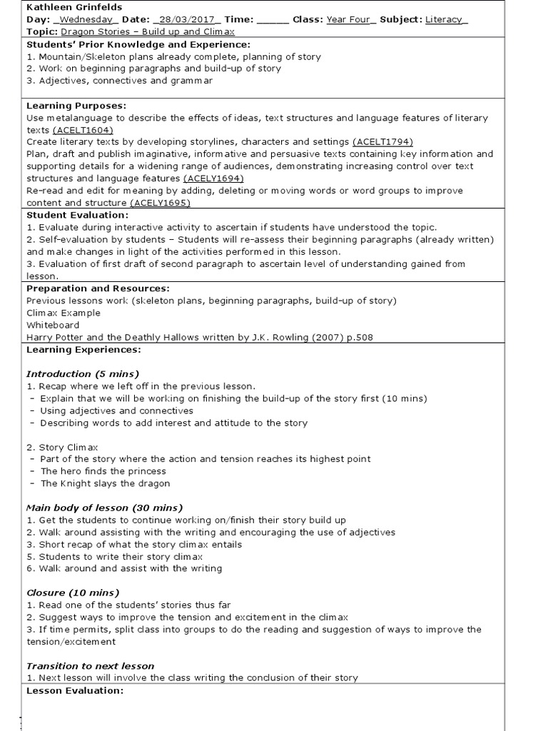 Year 4 Literacy: Dragon Story Climax | PDF | Lesson Plan | Evaluation