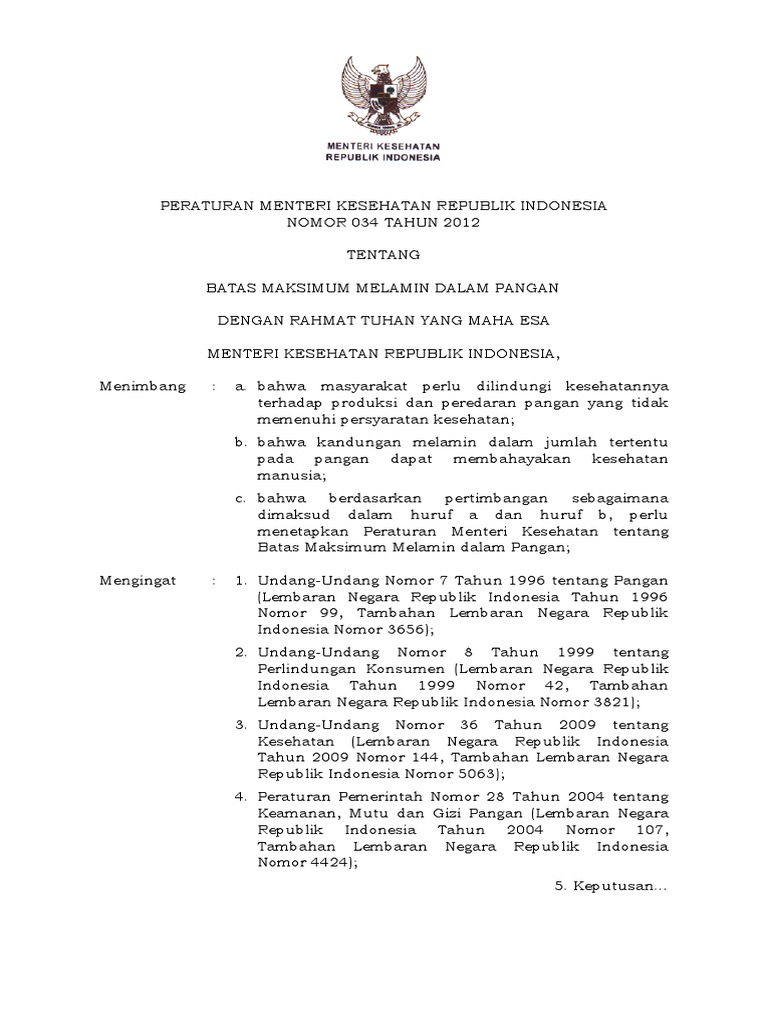 Permenkes 034-2012 Batas Maksimum Melamin Dalam Pangan PDF | PDF