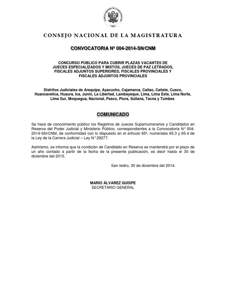 210 - Conv 004-2014-SN-CNM Registros Supernumerarios y Candidatos en Reserva | PDF | Lima ...