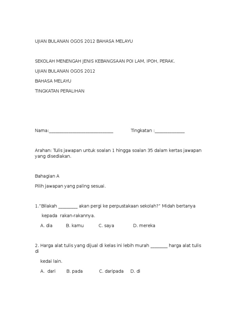 Soalan Kertas Bahasa Melayu Untuk Kelas Peralihan | PDF