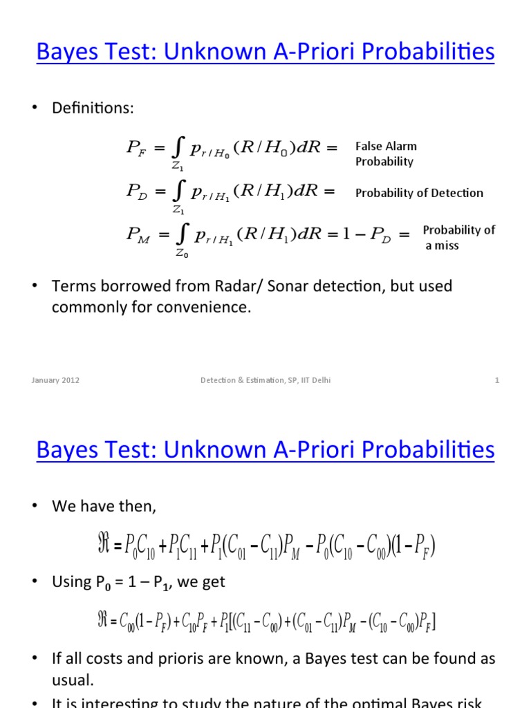 Bayes Test: Unknown A - Priori Probabili6es: - Defini6ons | PDF ...