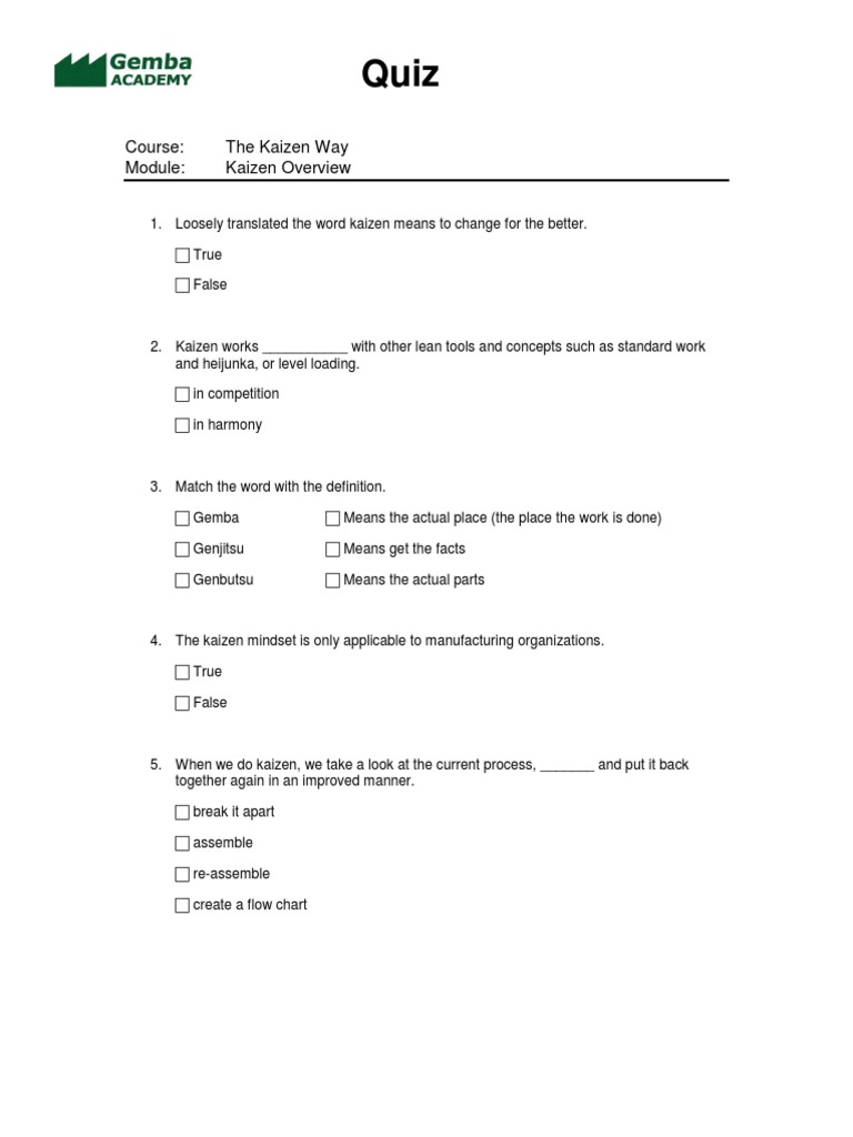 Kaizen Quiz Overview | PDF | Economic Sectors | Production And ...