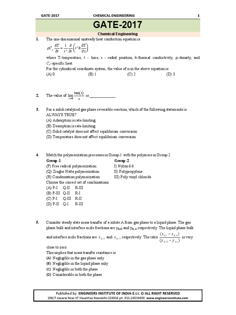 GATE 2017 Chemical Engineering Exam Paper | PDF | Chemical Equilibrium ...