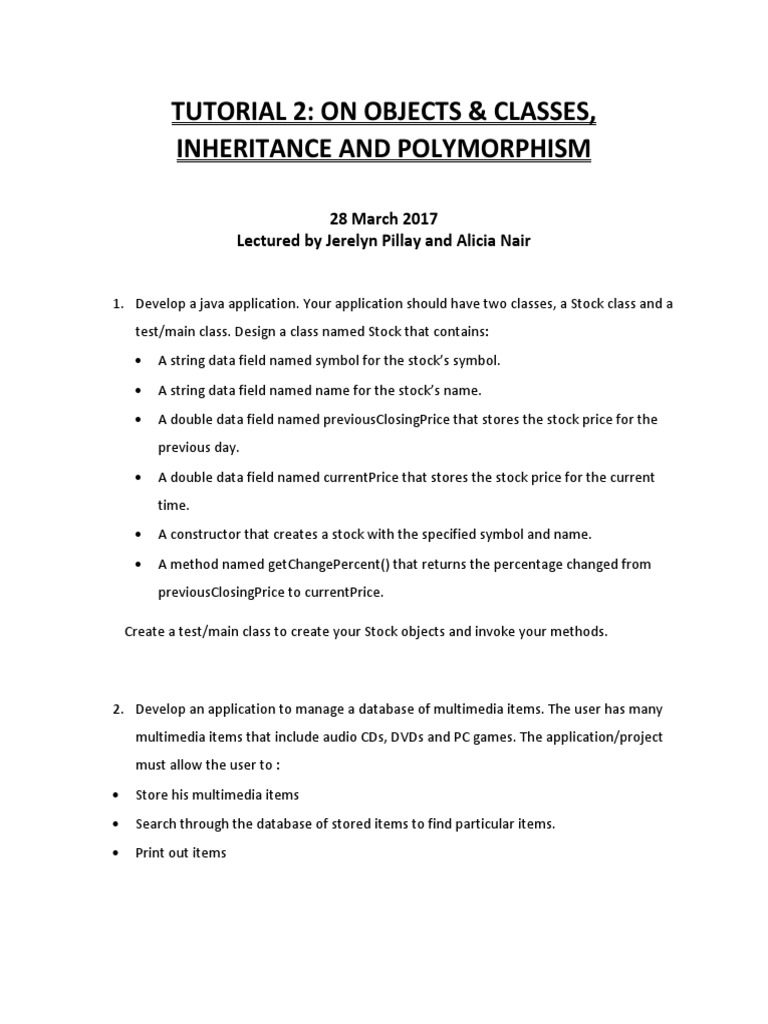 Tutorial 2 On Objects And Classes Inheritance And Polymorphism Pdf 6318