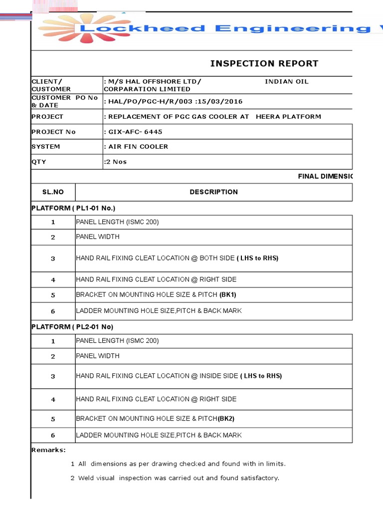 Inspection Report: Final Dimension Report SL - No Description PLATFORM ...