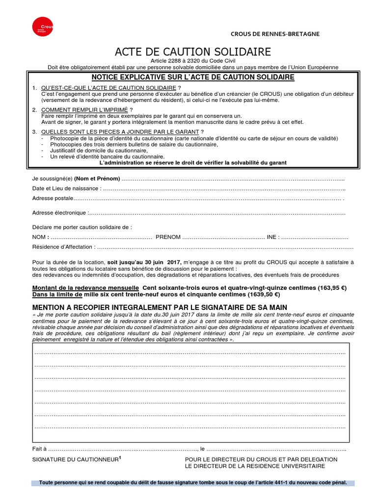 Acte de Caution Solidaire CROUS | PDF | Gouvernement