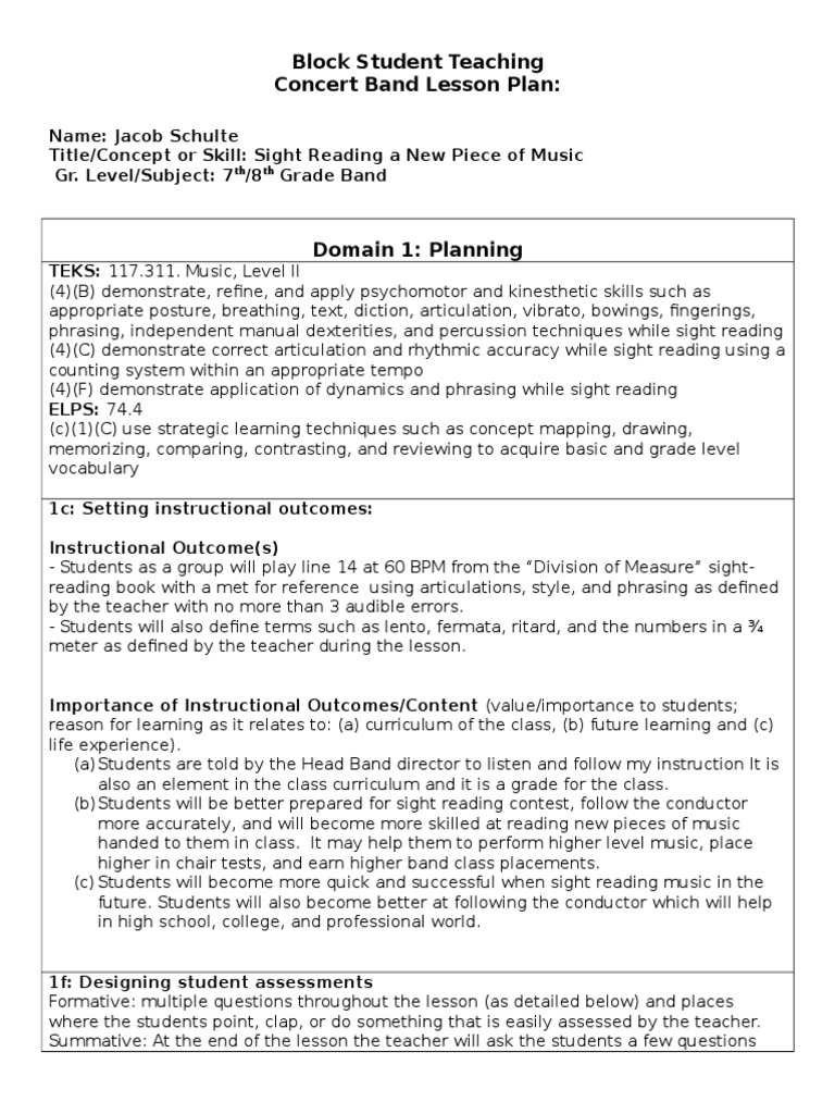 Jacob Schulte Band Lesson Plan | PDF | Tempo | Differentiated Instruction