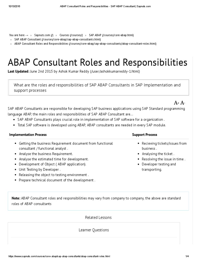 ABAP Consultant Roles and Responsibilities - SAP ABAP Consultant ...