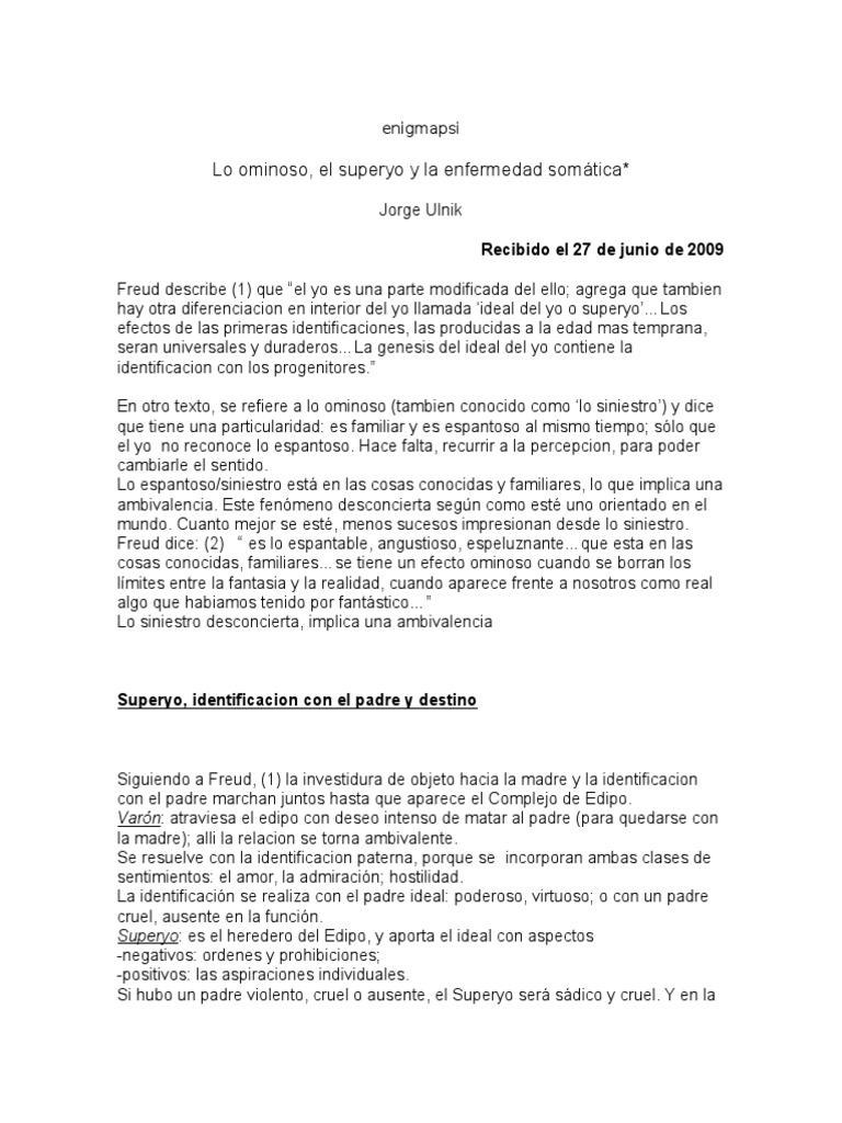 Lo Ominoso, El Superyo y La Enfermedad Somática | PDF | Carné de ...
