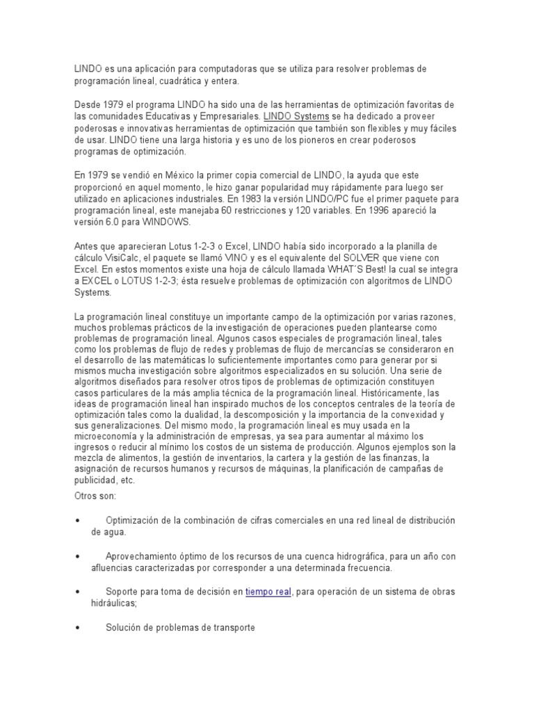 LINDO Es Una Aplicación para Computadoras Que Se Utiliza para Resolver ...