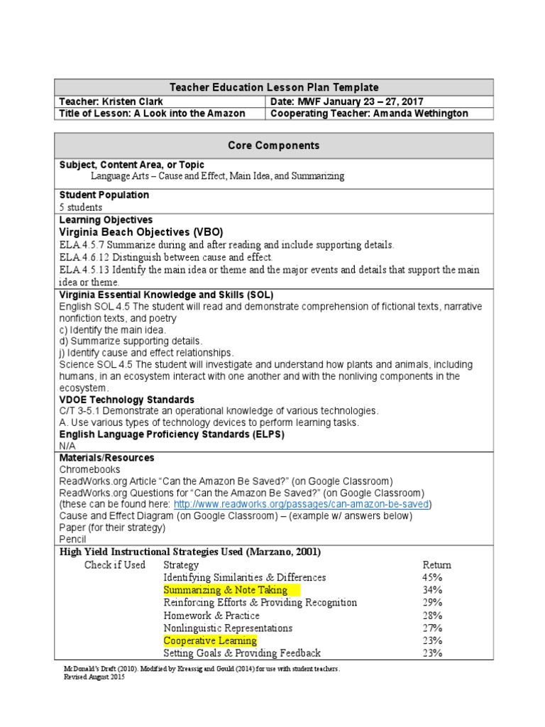 Teacher Education Lesson Plan Template | PDF | Lesson Plan | Reading ...