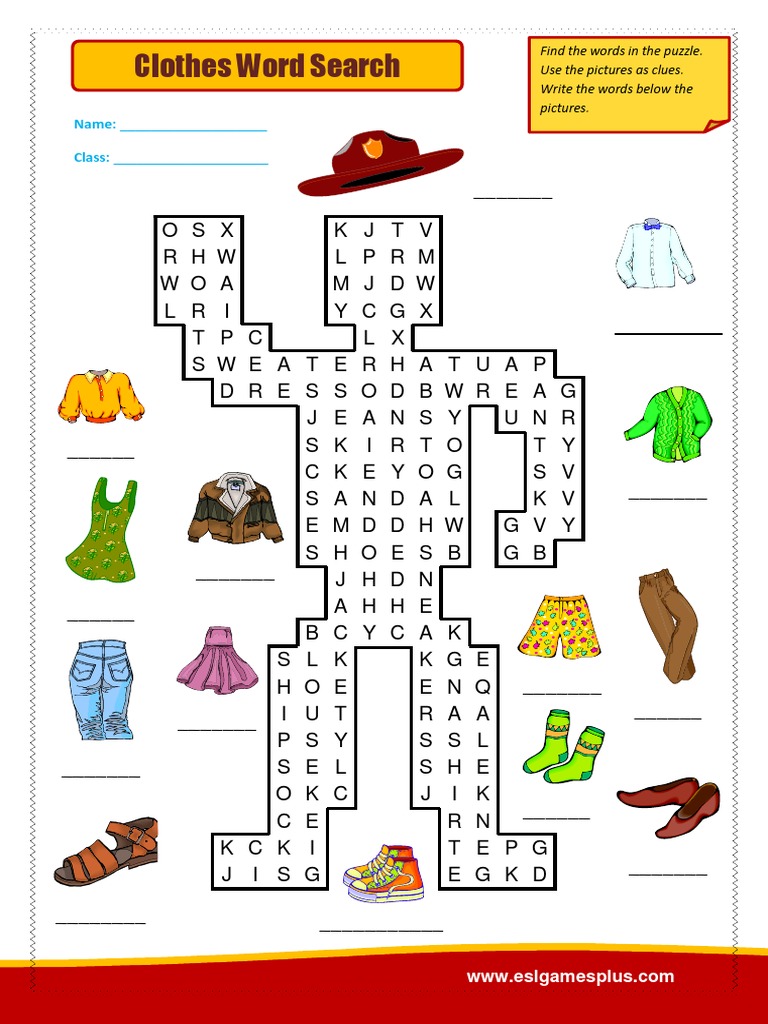 Kids' Clothes Word Search Puzzle | PDF | Word Search | Multisports