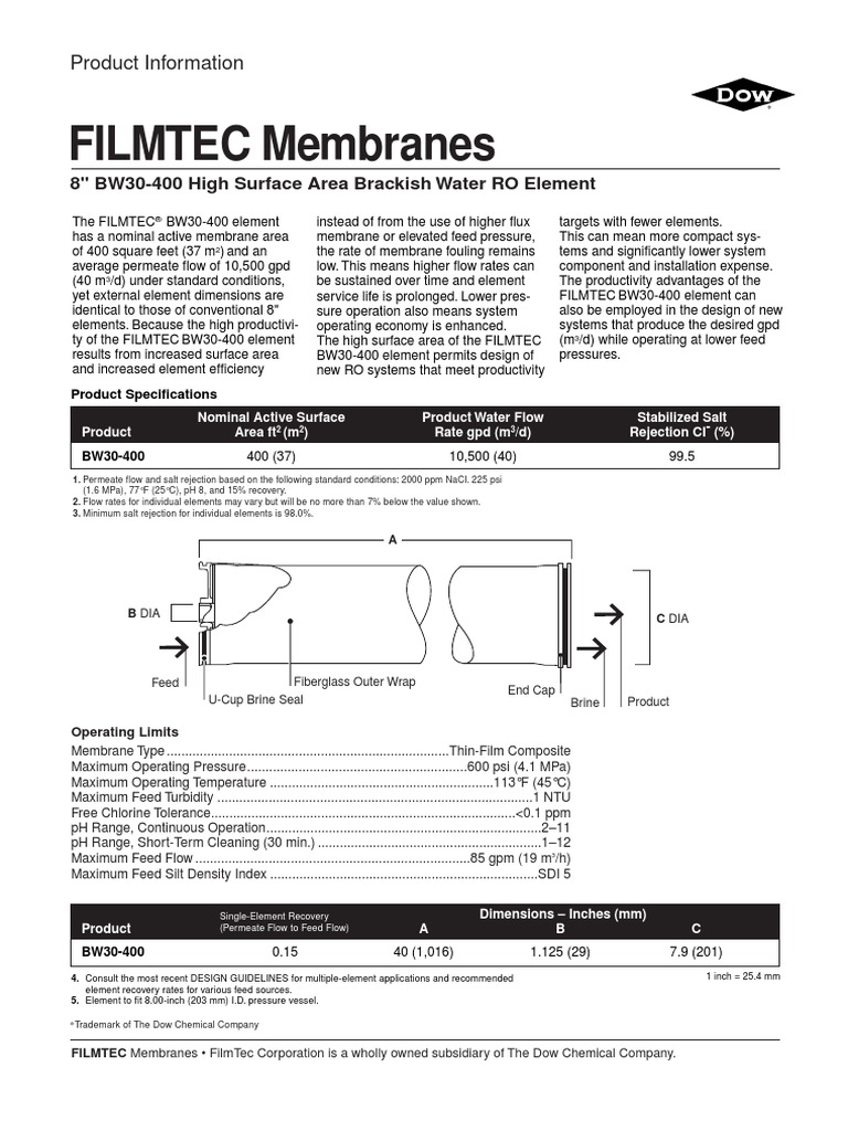 Filmtec BW30-400 | PDF | Membrane | Osmosis