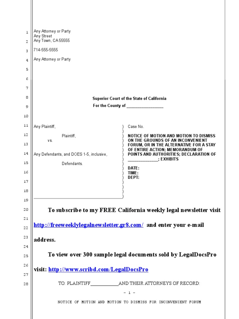 Sample Motion To Dismiss For Inconvenient Forum in California | PDF ...