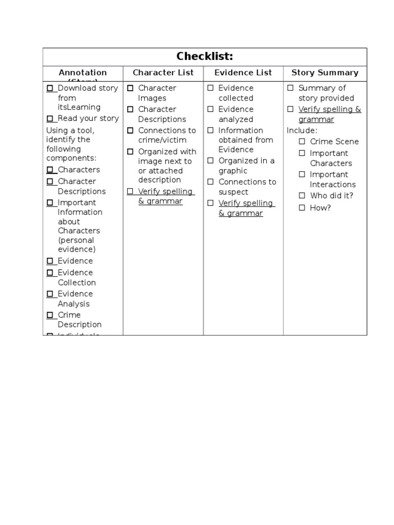 Checklist:: Annotation (Story) Character List Evidence List Story ...
