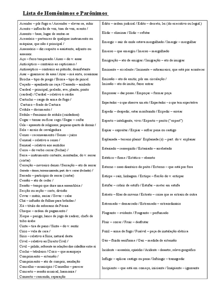 4 - Significação Das Palavras - Lista de Homônimos e Parônimos | PDF ...