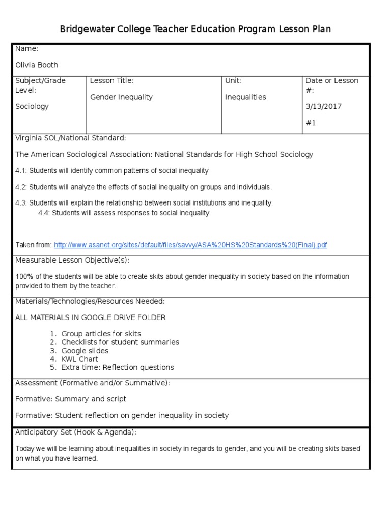Day 1 Gender Inequality Lesson Plan | PDF | Lesson Plan | Gender Inequality