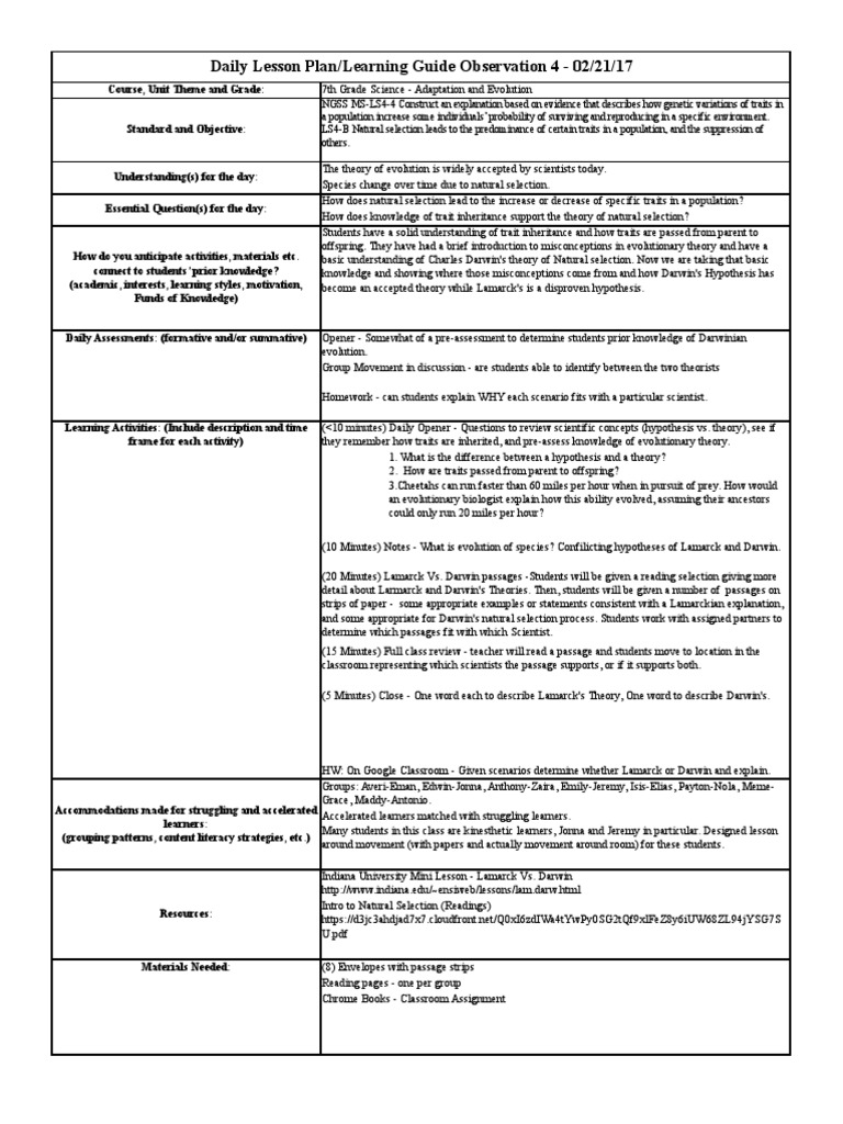 Observation 4 - Lesson Plan 02-21 | PDF | Natural Selection | Charles ...