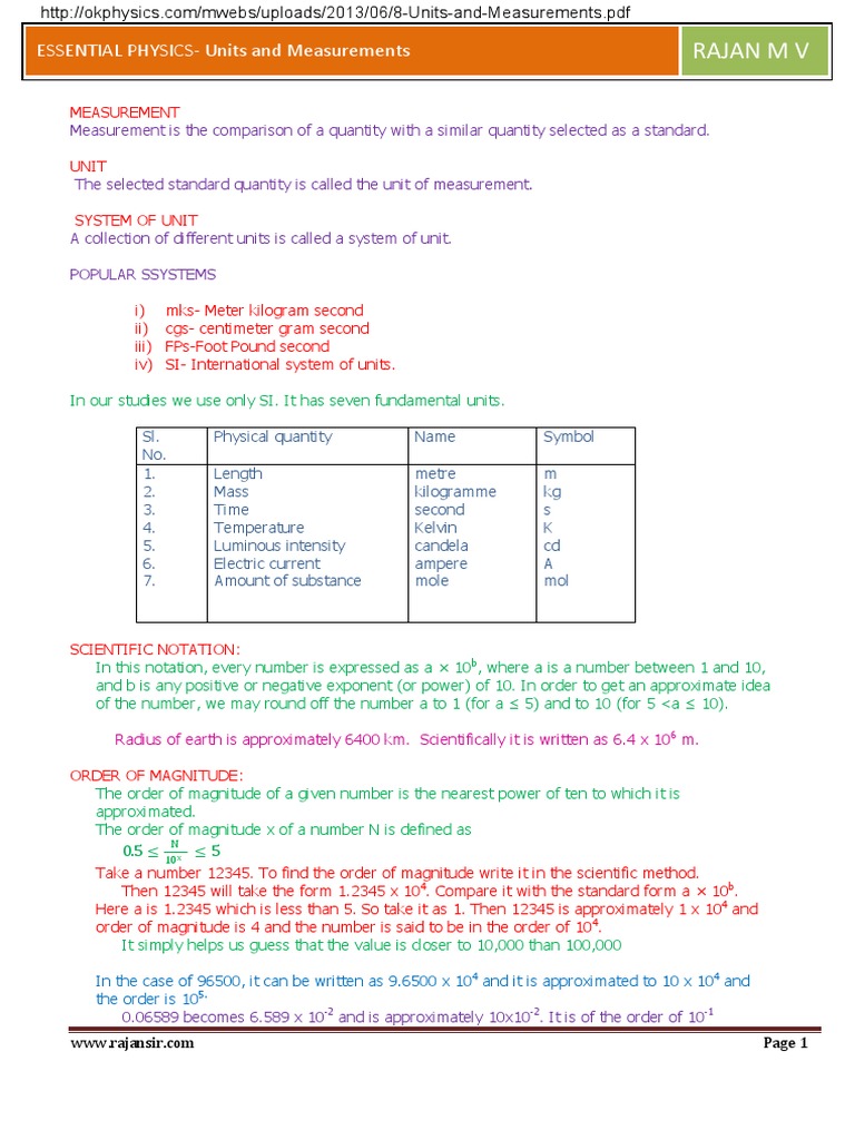 Physics Units & Measurements Guide | PDF | International System Of ...