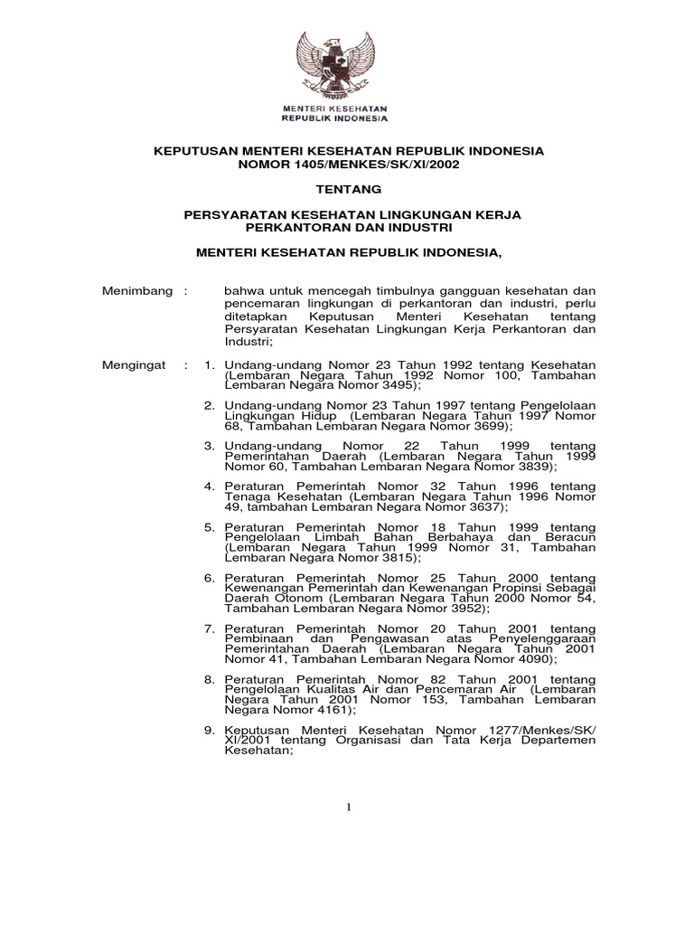 KMK No. 1405 TTG Persyaratan Kesehatan Lingkungan Kerja Perkantoran Dan Industri PDF | PDF