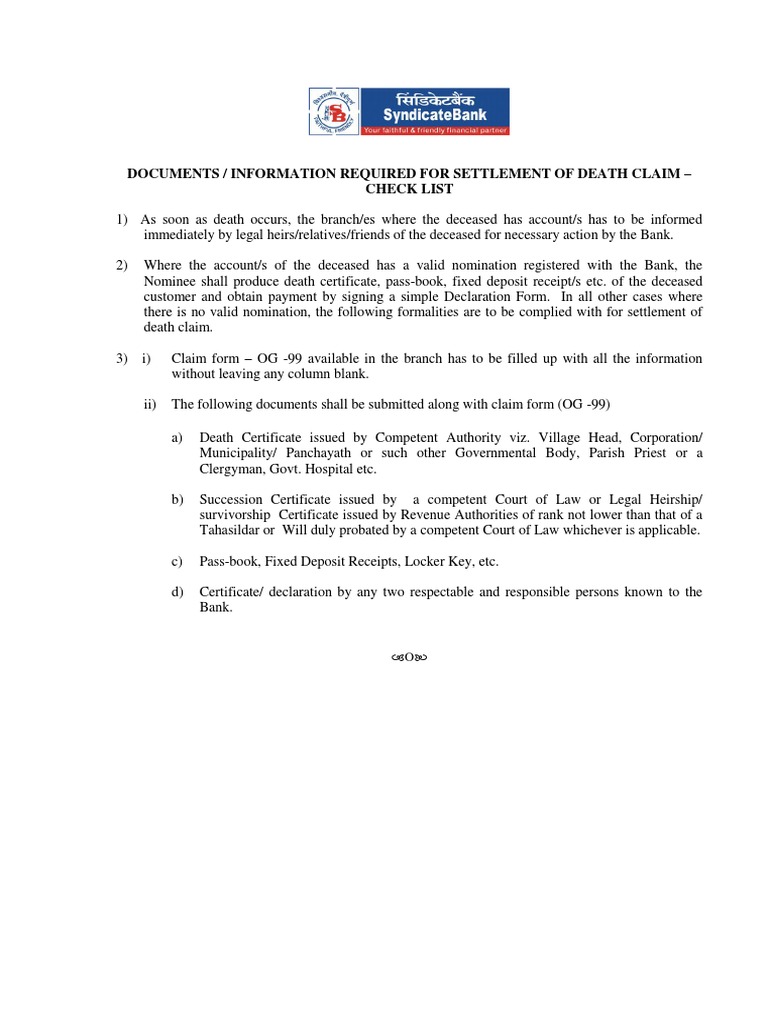 Death Claim Checklist | PDF
