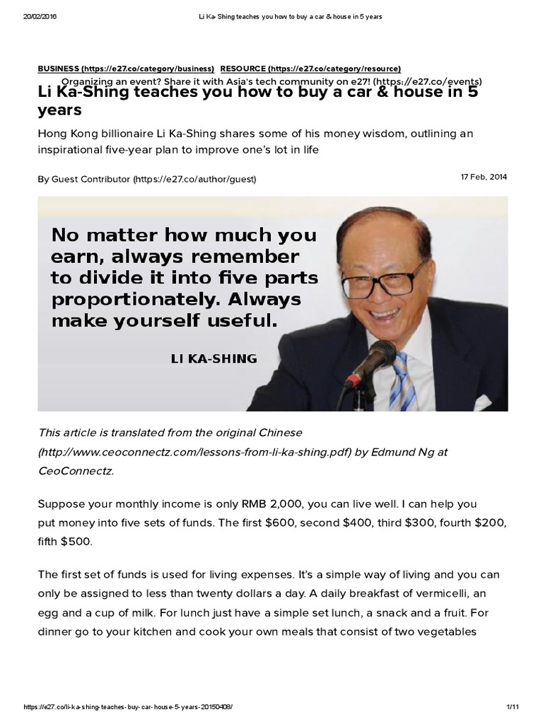 Li Ka-Shing Teaches You How To Buy A Car & House in 5 Years PDF | PDF ...