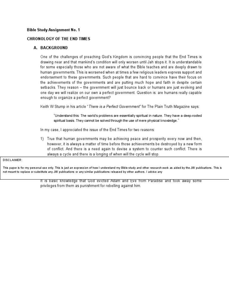 Bible Study Assignment # 1A | PDF | End Time | Reason