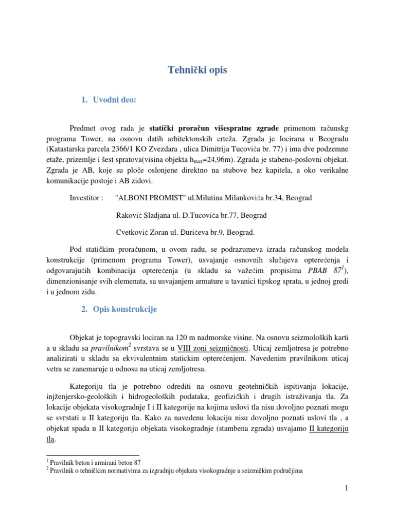 Microsoft Word - Tehnički Opis I Analiza Opterećenja - Mart | PDF