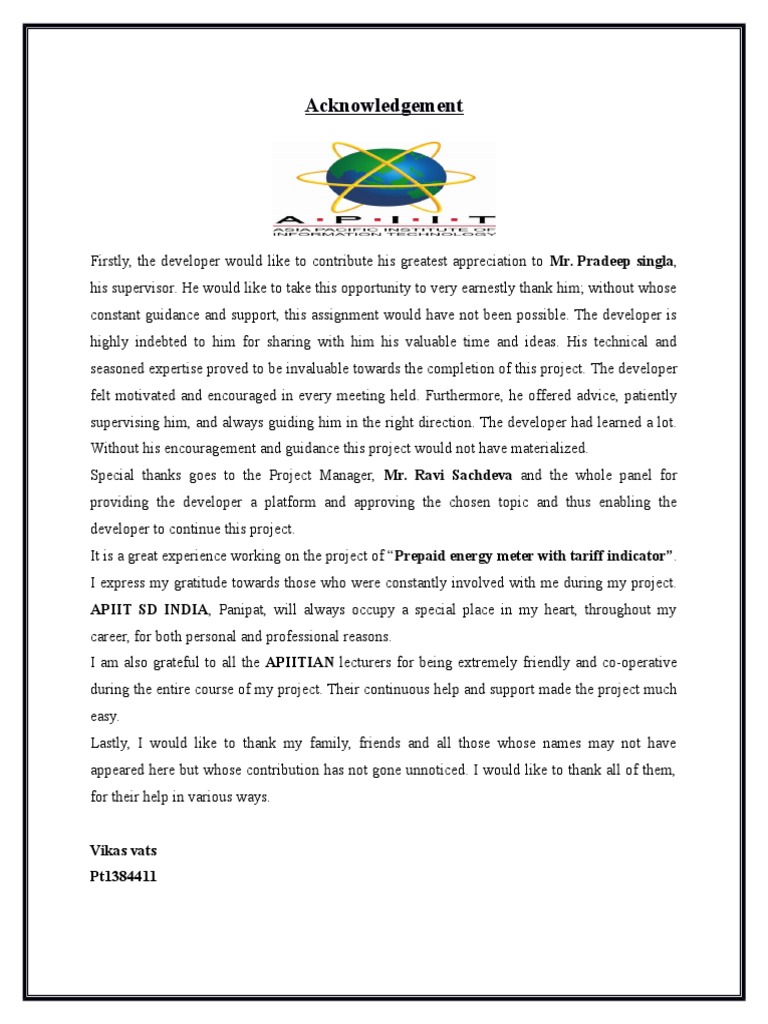 Acknowledgement: APIIT SD INDIA, Panipat, Will Always Occupy A Special ...