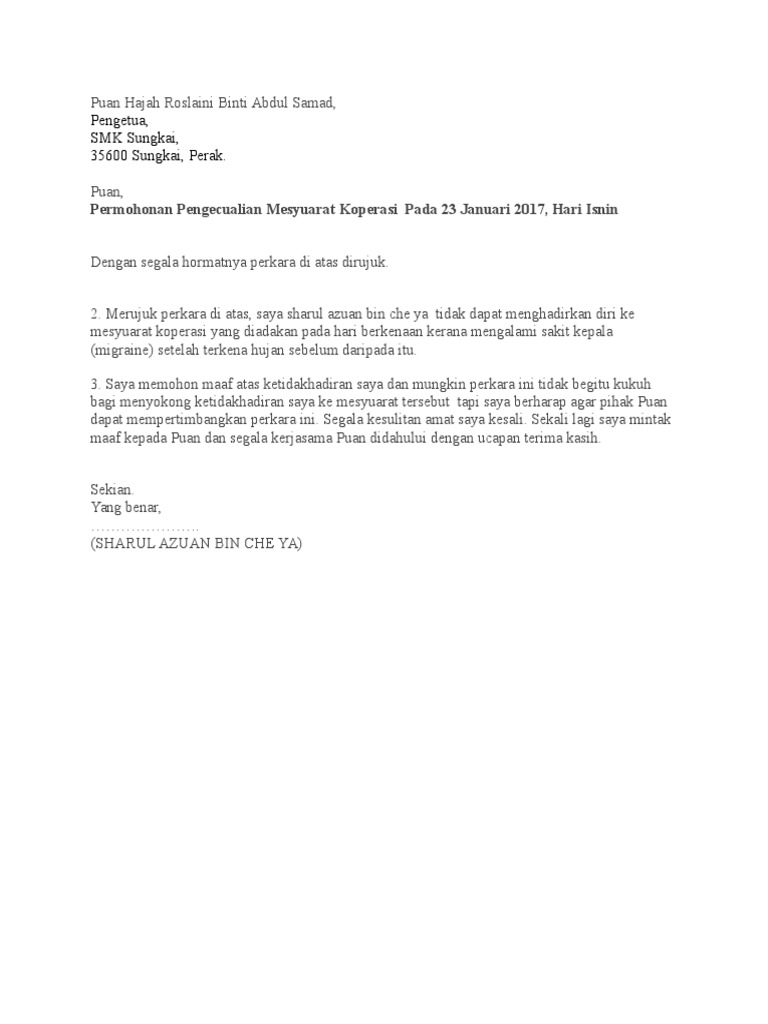 Surat Pengecualian Mesyuarat | PDF