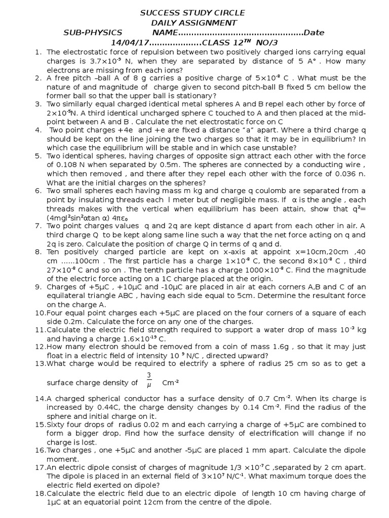 Class 12 Physics Electrostatics Assignments | PDF | Science & Mathematics | Teaching Methods ...
