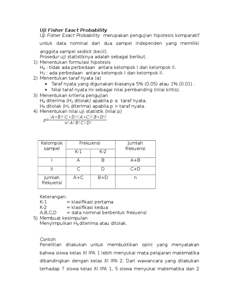 Uji Fisher Exact Probability Manual Dan SPSS | PDF